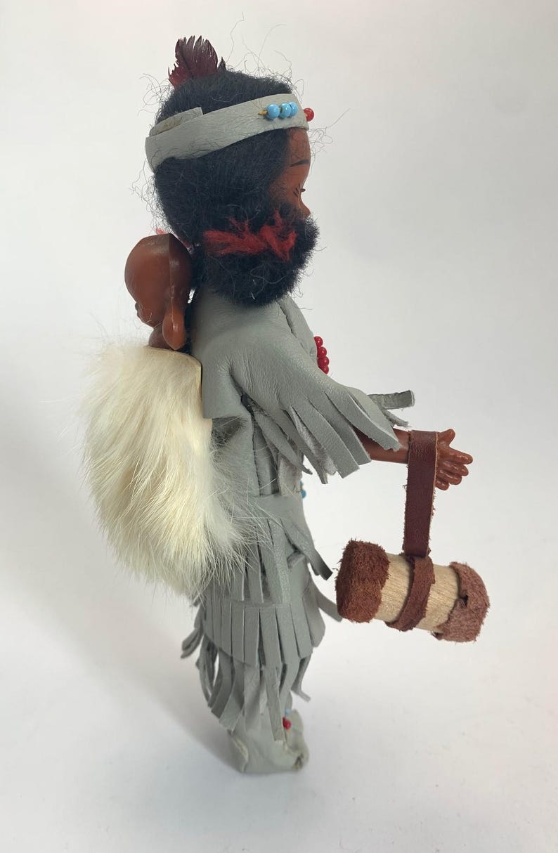 1970s First Nations Doll With Baby, Beaded Leather Clothing, Rabbit Fur ...