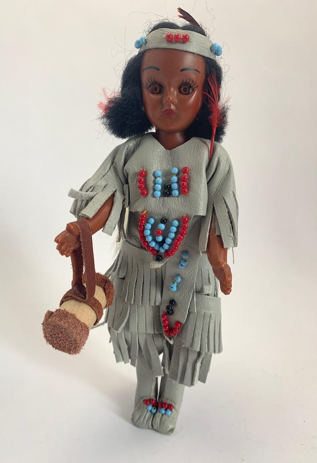 1970s First Nations Doll With Baby, Beaded Leather Clothing, Rabbit Fur ...