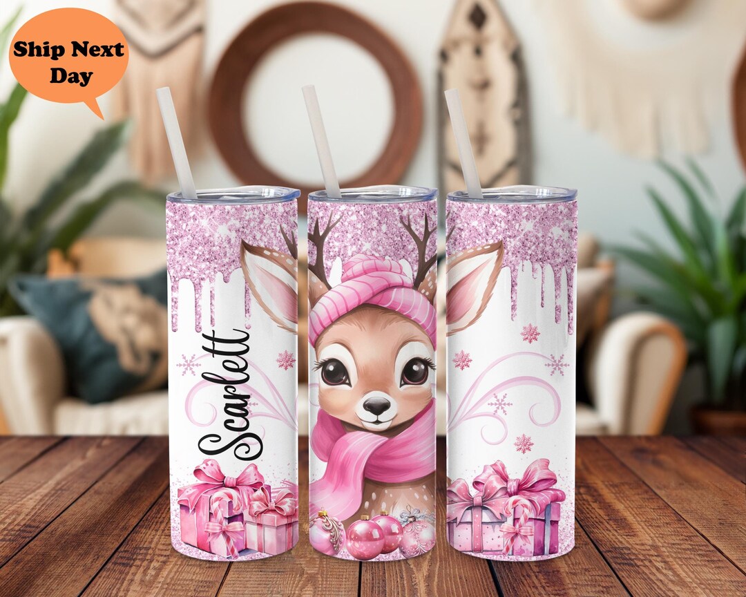 Custom Pink Winter Deer Tumbler 20oz Personalized Christmas Gift for ...
