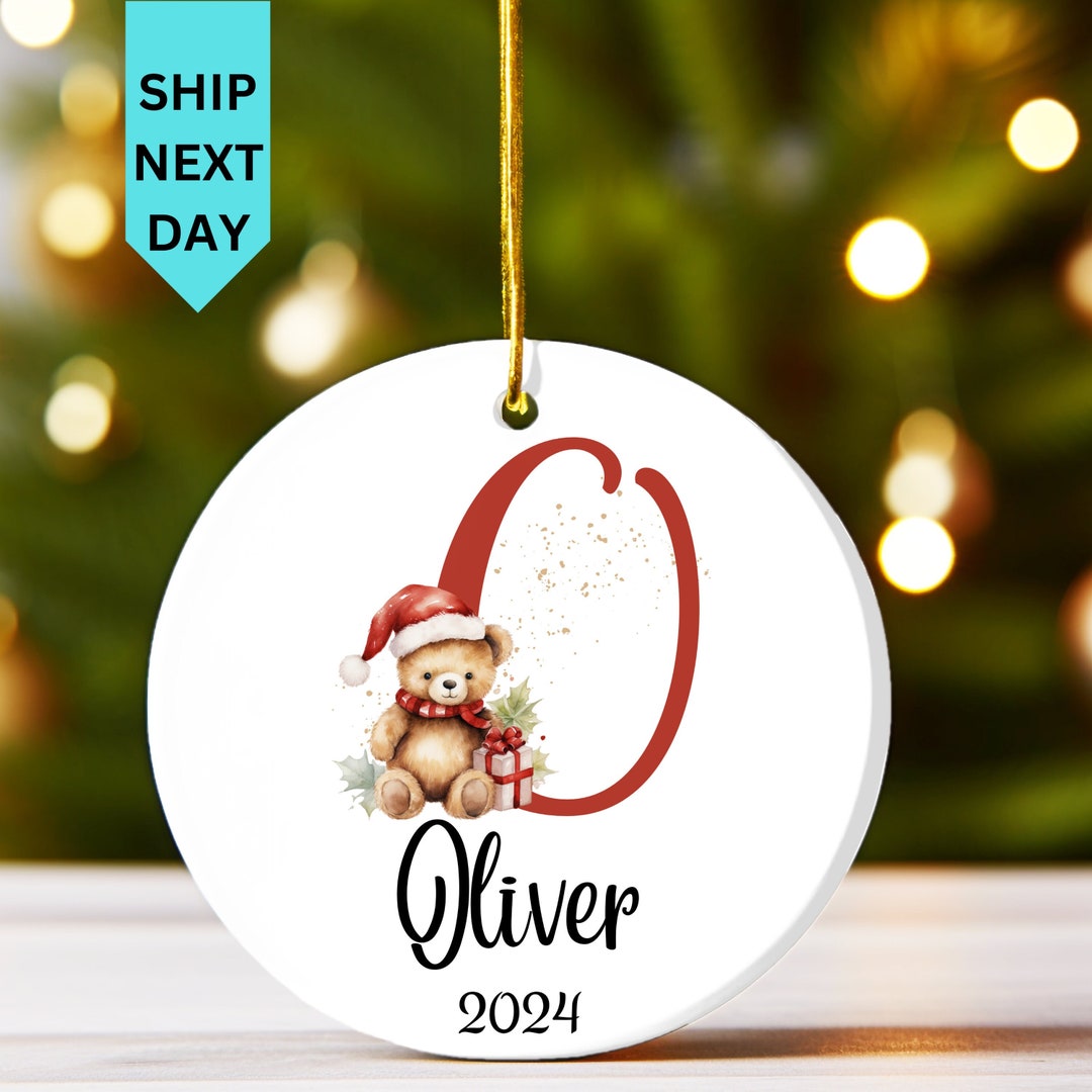Custom Initial Ornament With Christmas Teddy Bear, 2024 Family Ornament ...