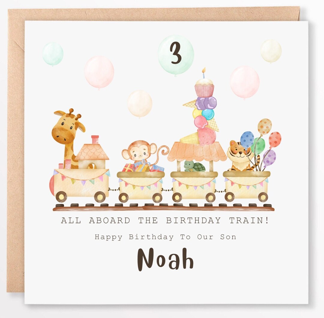 Train Birthday Card for Son Grandson Nephew Boy Animal Train Birthday ...