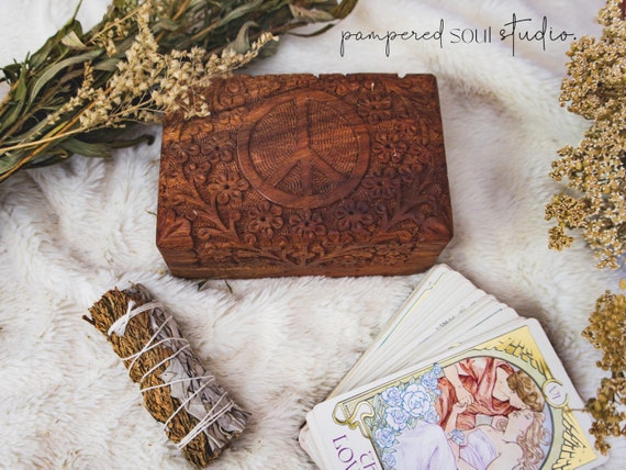 Hand Carved Tarot Deck Box Tarot Card Box Peace Sign - Etsy