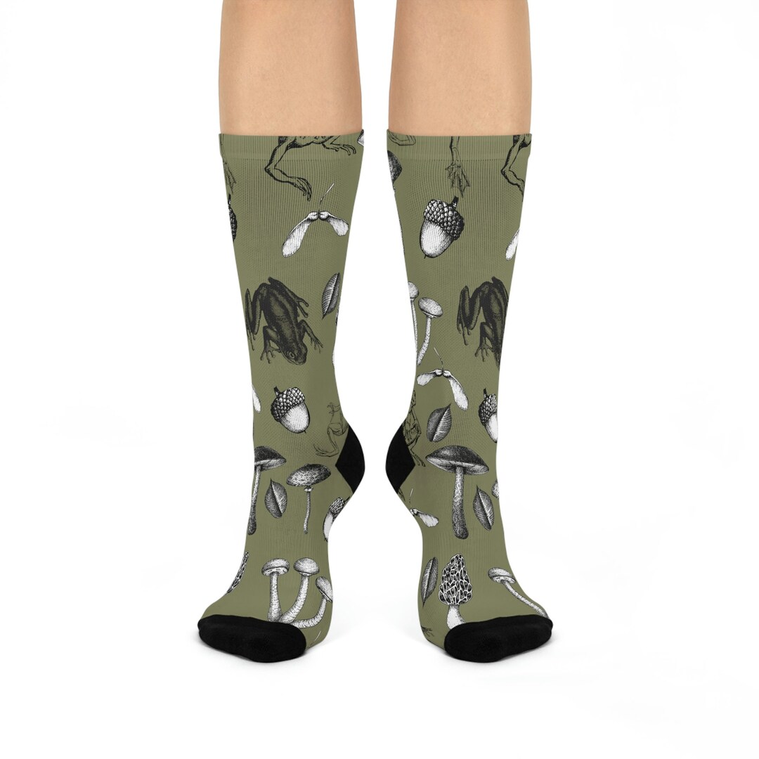 Mushroom and Froggy Socks Cottagecore Print Socks Cute Froggy Socks ...