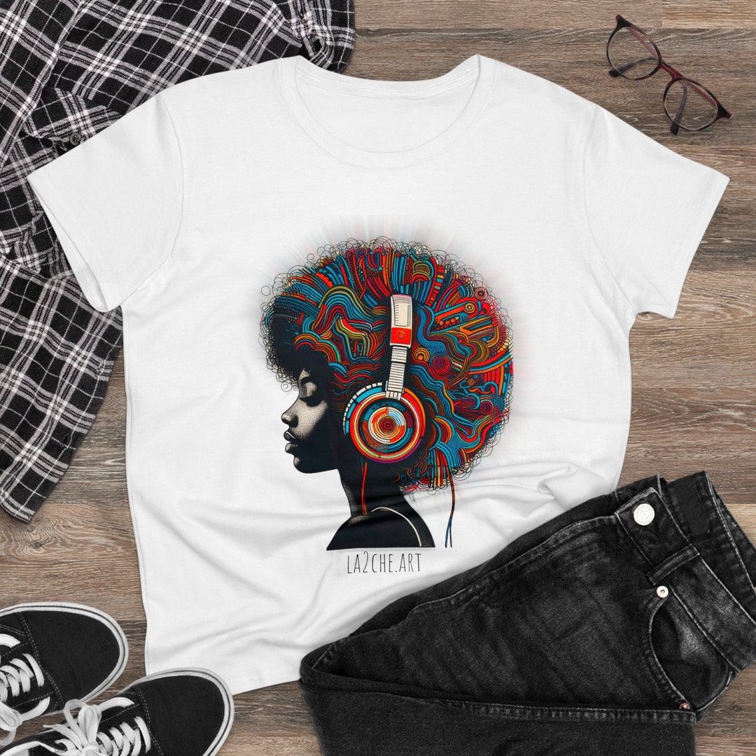 Afro Girl Music Tee, Multi-color Graphic Print, Music Lovers Tshirt ...