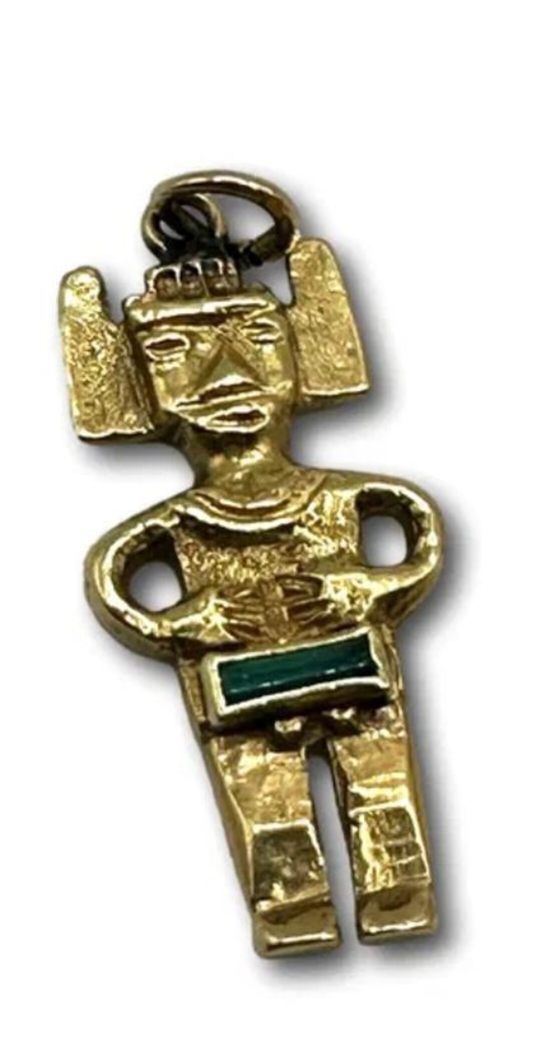 18k Gold Primitive Incan Mayan God Pendant Emerald 1 1/8" Tall Approx ...