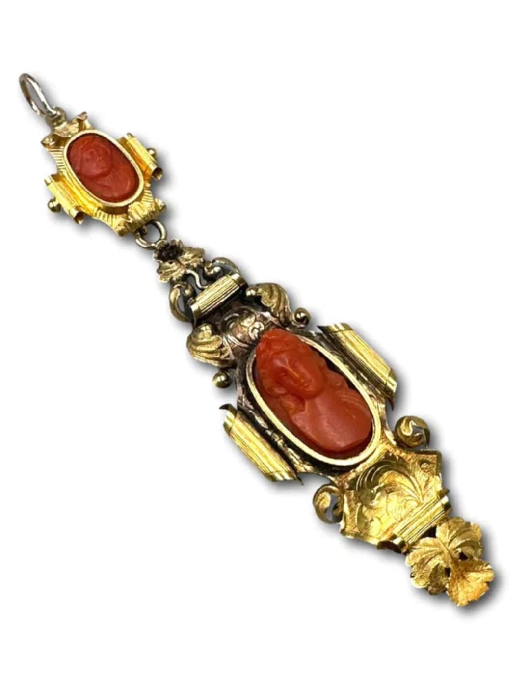 Stunning Victorian 14K Gold Carved Red Jade Cameo Pendant 3 1/8" Approx ...
