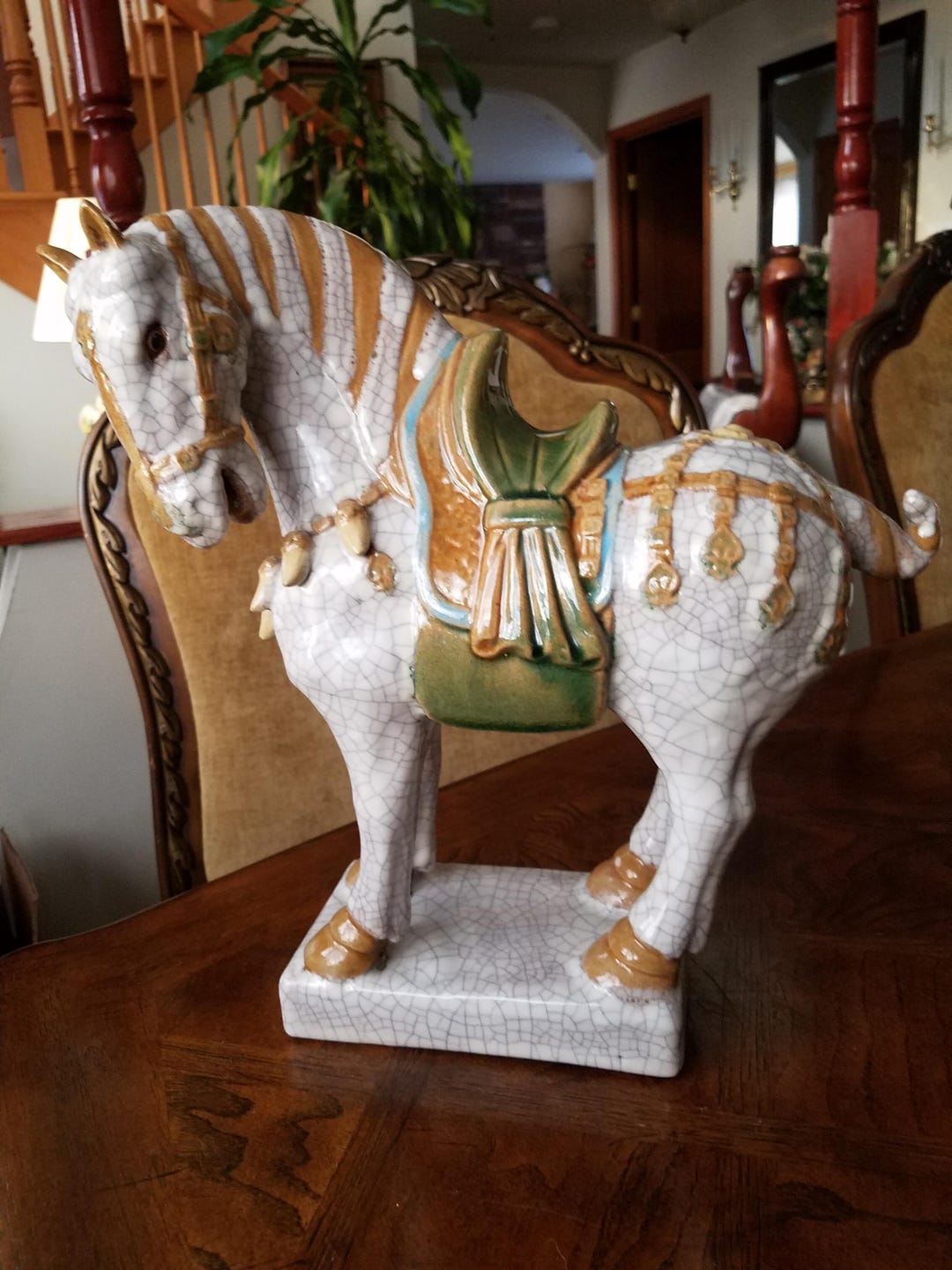 LARGE Chinese Tang Horse Marbled Statue - White Crackle Glaze 13" Tall ...
