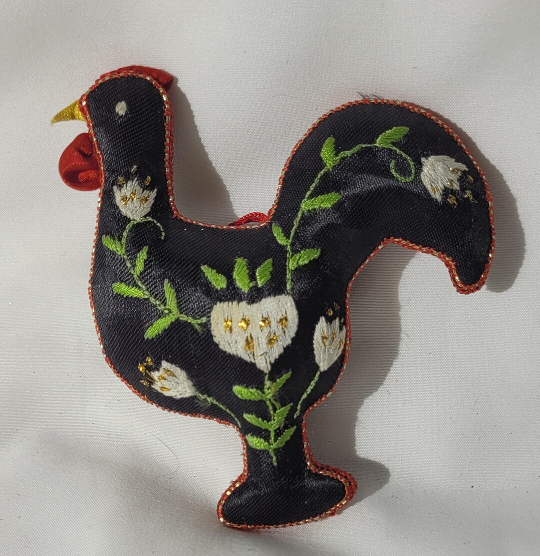 Vintage Embroidered Folk Art Bird Fabric Ornament Rooster Partridge 4 ...