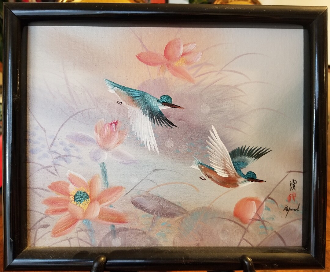 Chinese Watercolor Painting of Flower & Hummingbird on Silk Certified ...