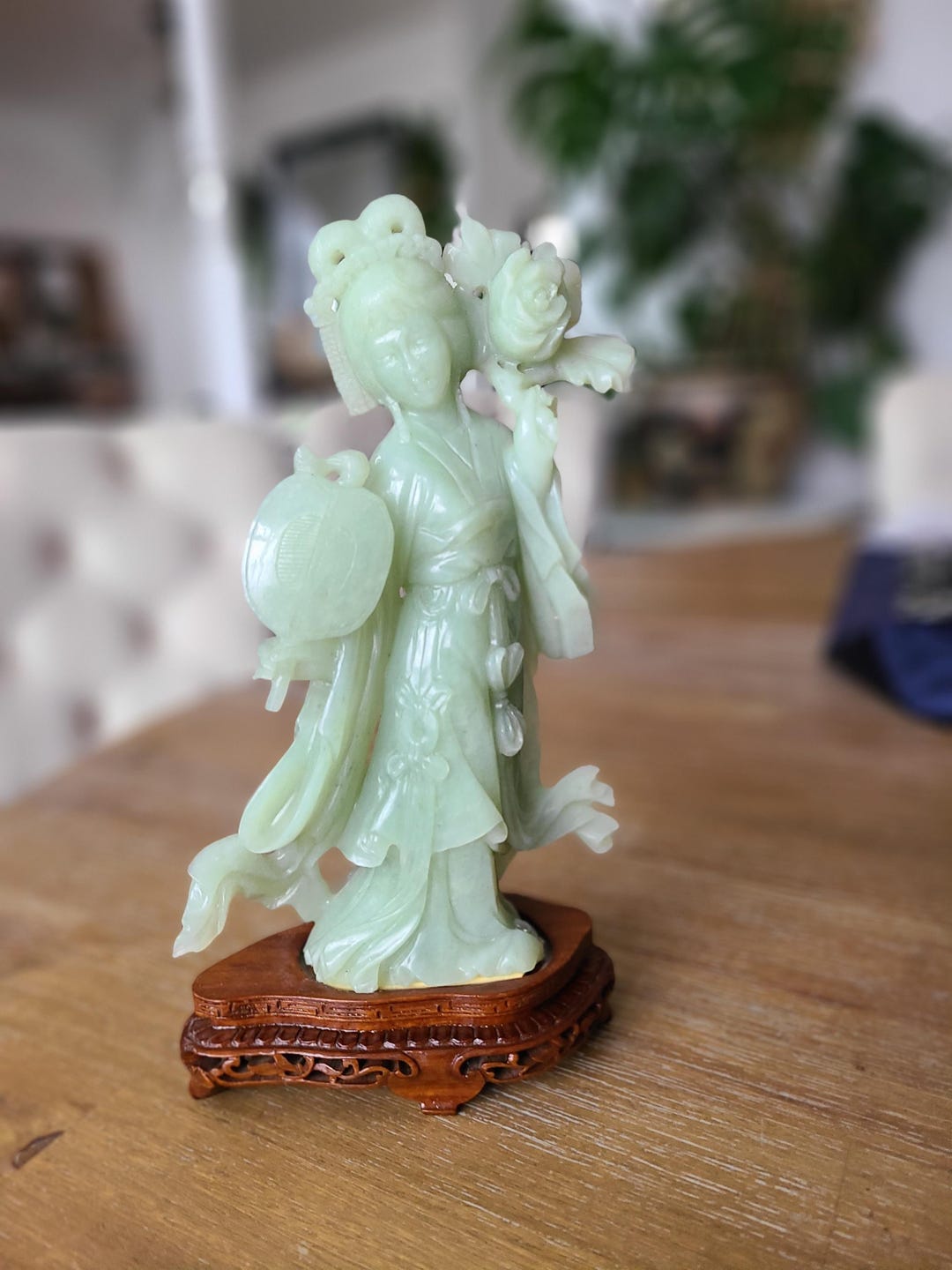 Vintage Chinese Green Jade Statue of A Woman With Lotus Flower 10" Tall ...
