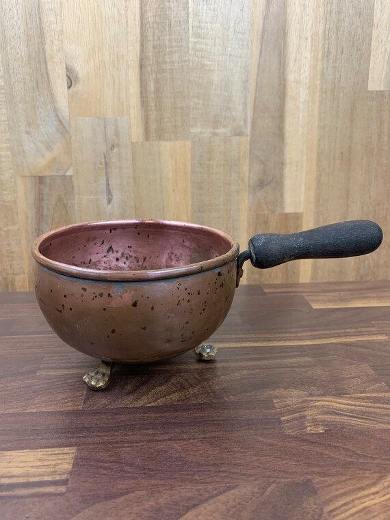 Vintage Little Copper Pot With Wooden Handle. Footed - Etsy
