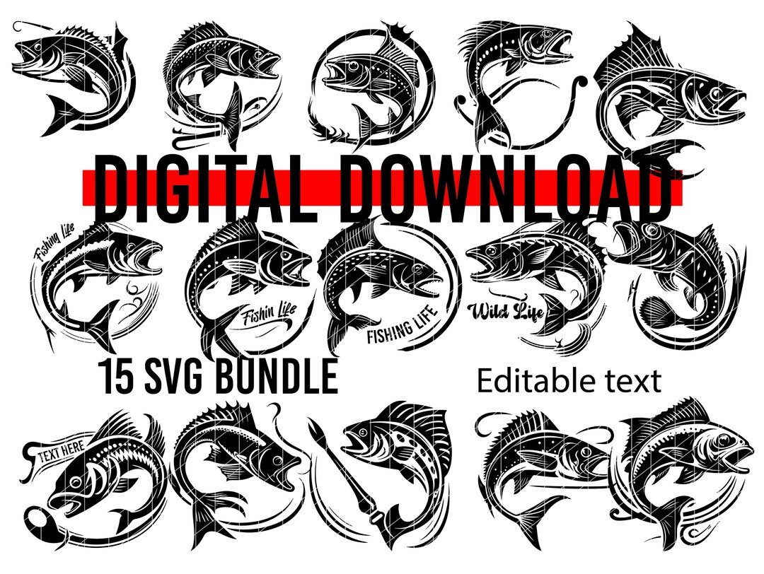 Paquete de diseños de pesca Svg, imágenes prediseñadas de bajo, diseño ...