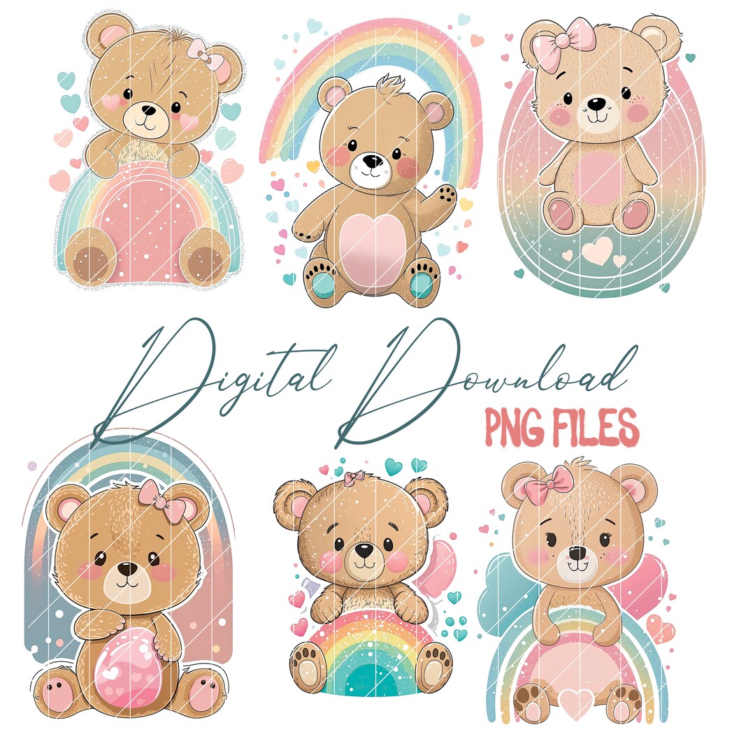 Teddy Bear Clipart | Rainbow Bear, Balloons, Hearts (PNG Digital ...