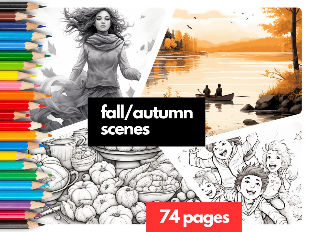 Fall - Autumn Scenes Grayscale Coloring Book, 74 Printable Instant ...