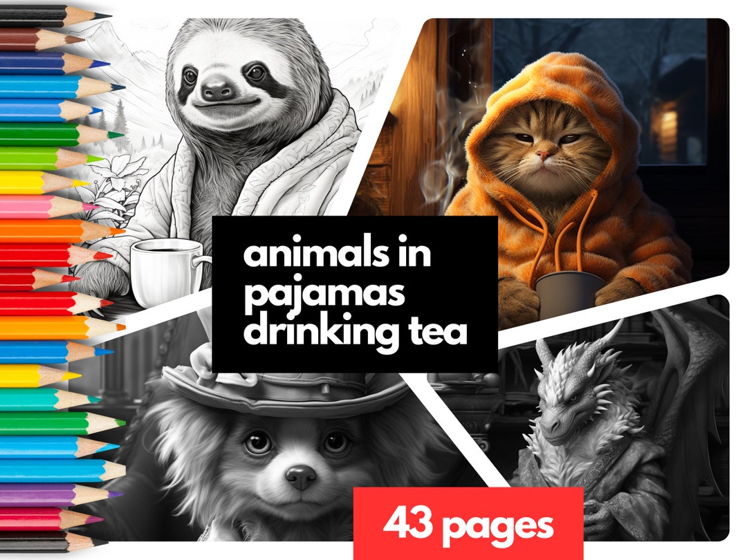Cute Animals in Pajamas Drinking Tea Grayscale Coloring Pages, Instant ...