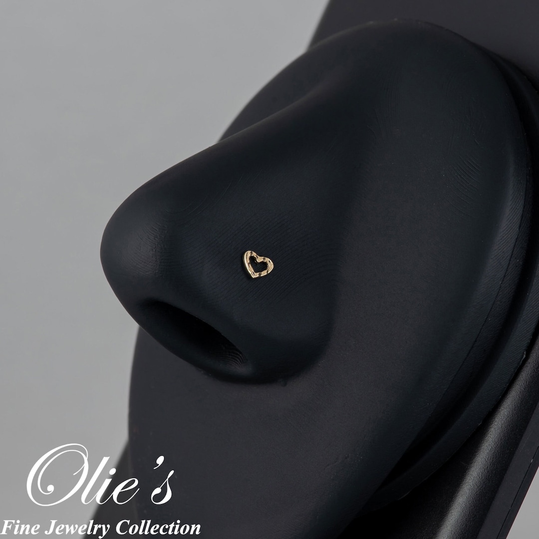 Heart Nose Stud 14k Solid Gold, Heart Shape Nose Piercing, Minimalist ...