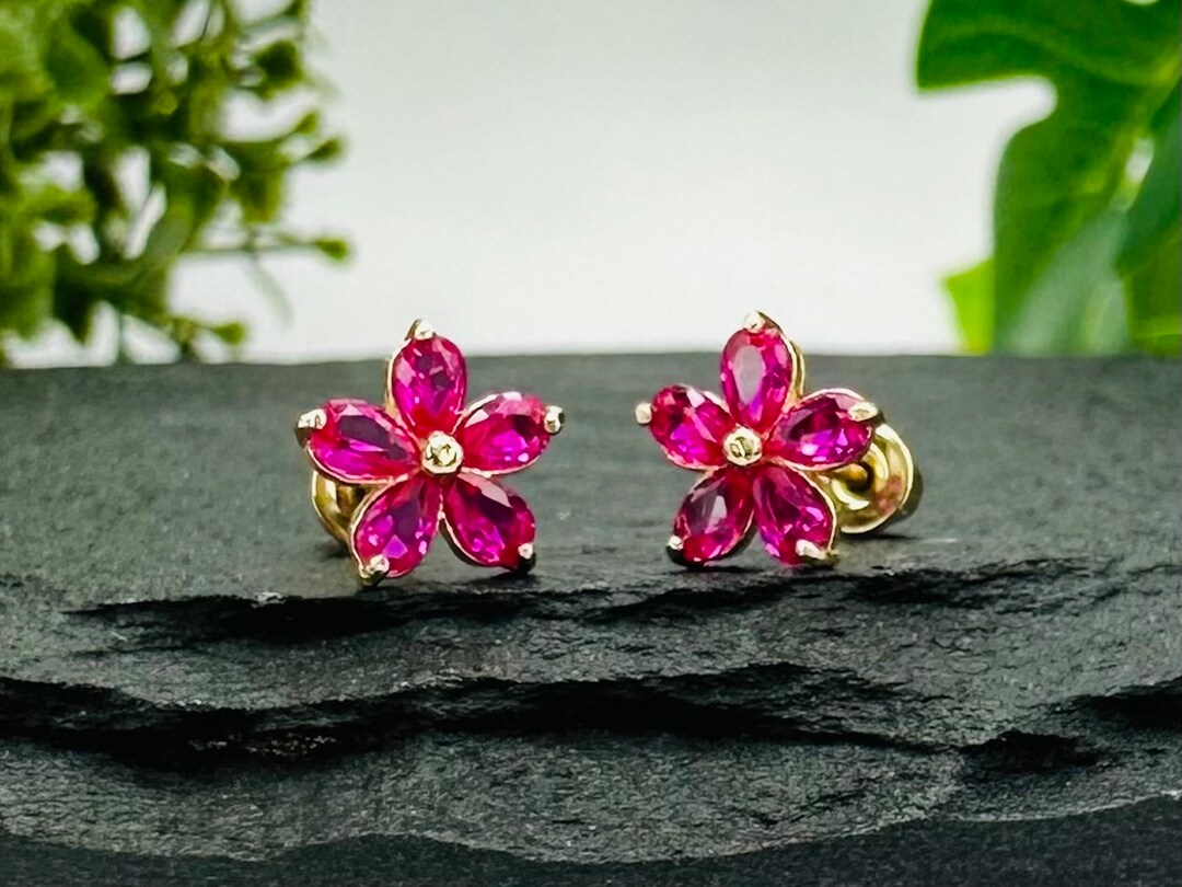 Ruby Flower 14k Gold Screw Back Earrings for Toddlers Children Women ...