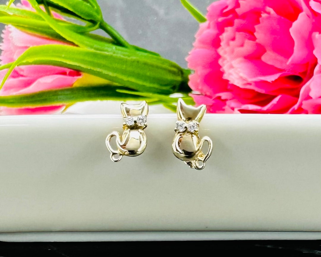 14k Solid Gold Cat Stud Earrings Kitty Earring Studs Screw Back ...