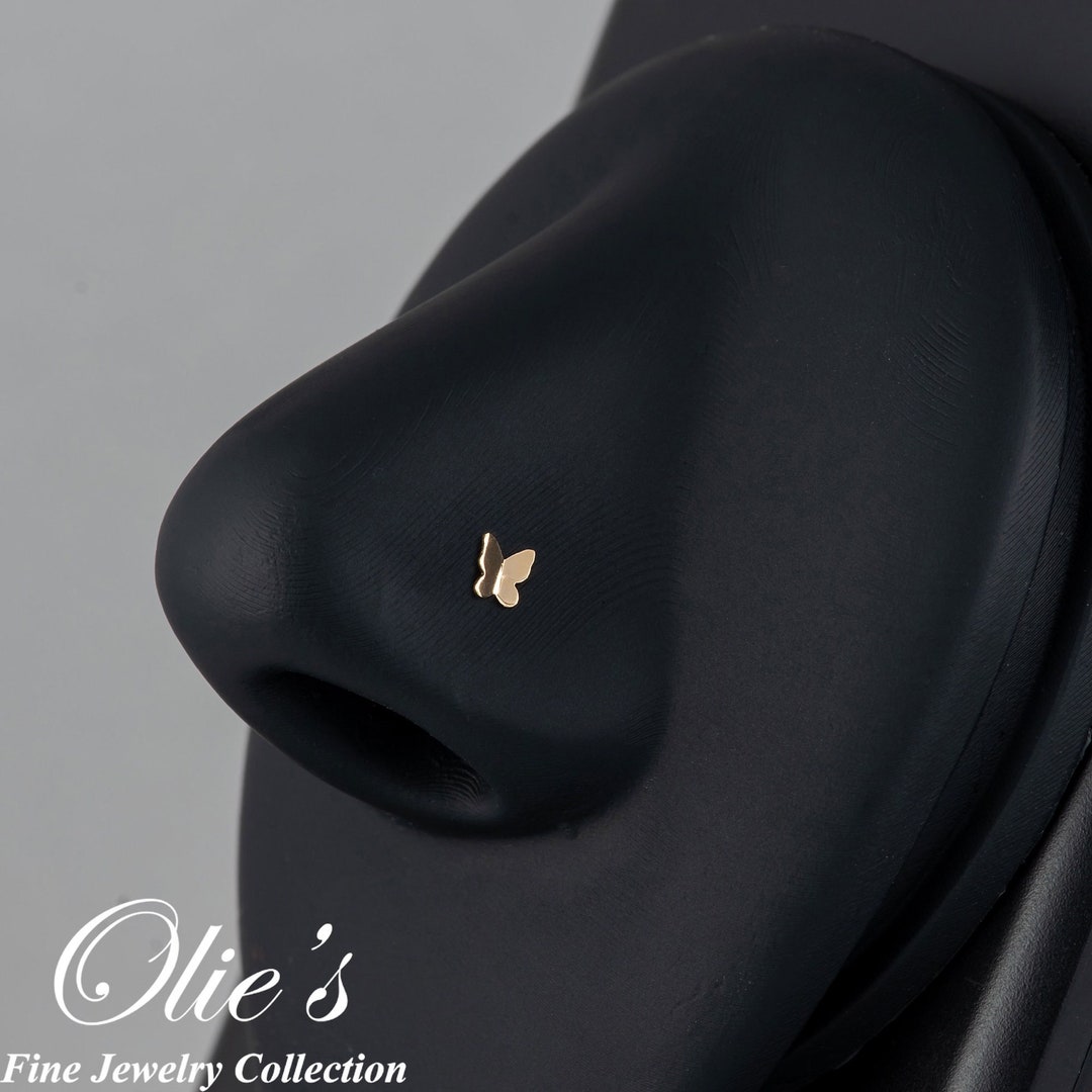 Cute Butterfly 14k Yellow Gold Nose Stud, Plain Butterfly Nose Piercing ...