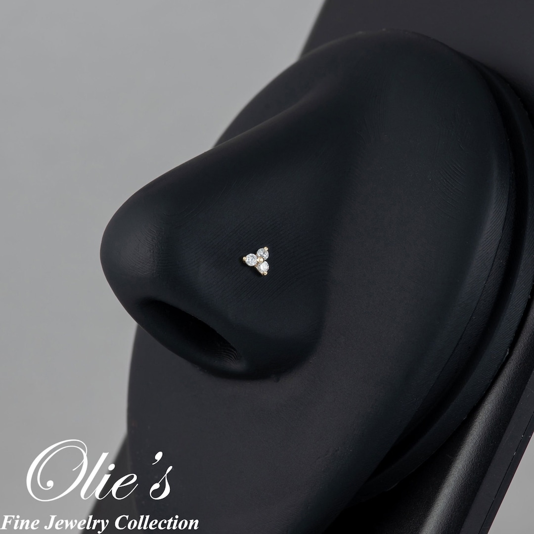 14k Gold Tiny Triangle Gold Nose Stud Ball End, Trendy Trinity Nose ...