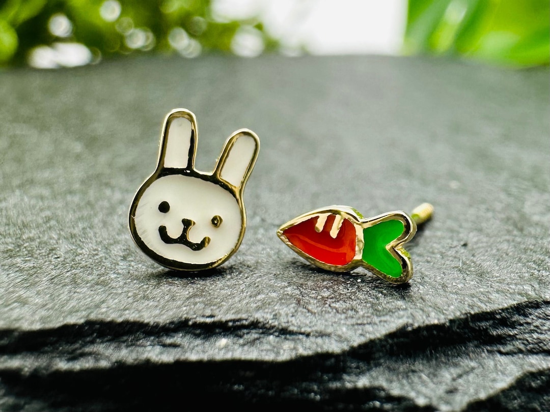14k Solid Gold Dainty Bunny and Carrot Stud Earrings, Cute Kids ...