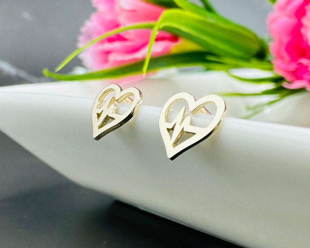 14K Solid Gold Heartbeat Earring - Pulse of Love Jewelry, Open Heart ...