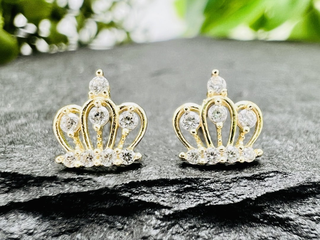 14k Solid Gold Princess Tiara CZ Stud Earrings With Screwback - Etsy