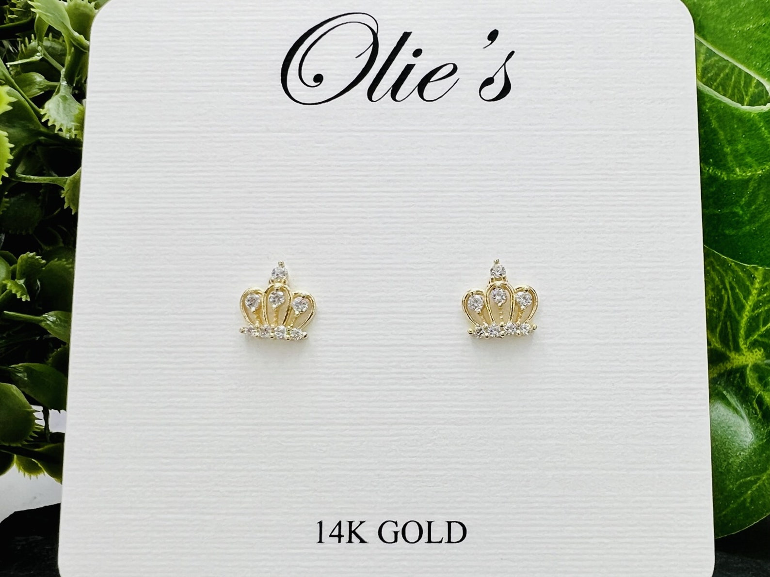 14k Solid Gold Princess Tiara CZ Stud Earrings With Screwback for ...