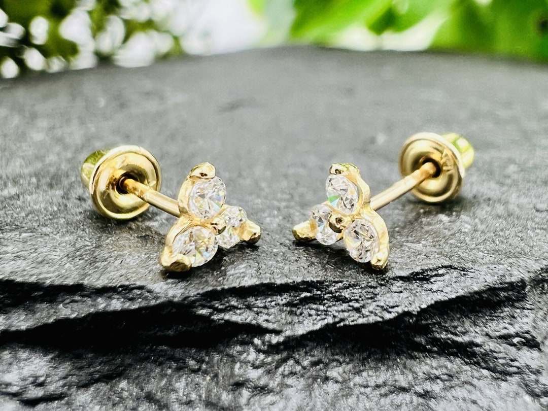 3 Stone Earrings - 14K Solid Yellow Gold Three Dainty Trio Stud Earring ...