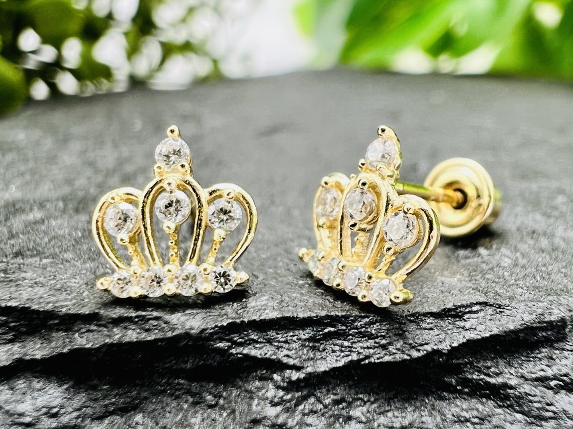 14k Solid Gold Princess Tiara CZ Stud Earrings With Screwback for ...