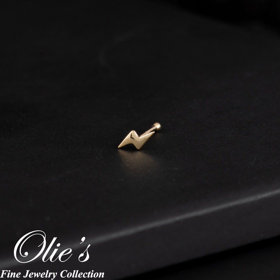 Tiny Lightning Bolt 14k Solid Gold Nose Stud, Thunder Bolt Gold Nose ...