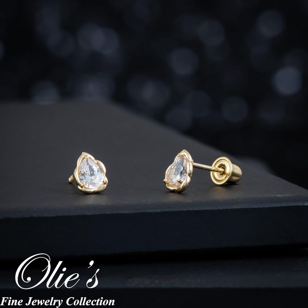 Drop Shaped 14k Solid Gold Earrings for Her, Yellow Gold Screwback ...