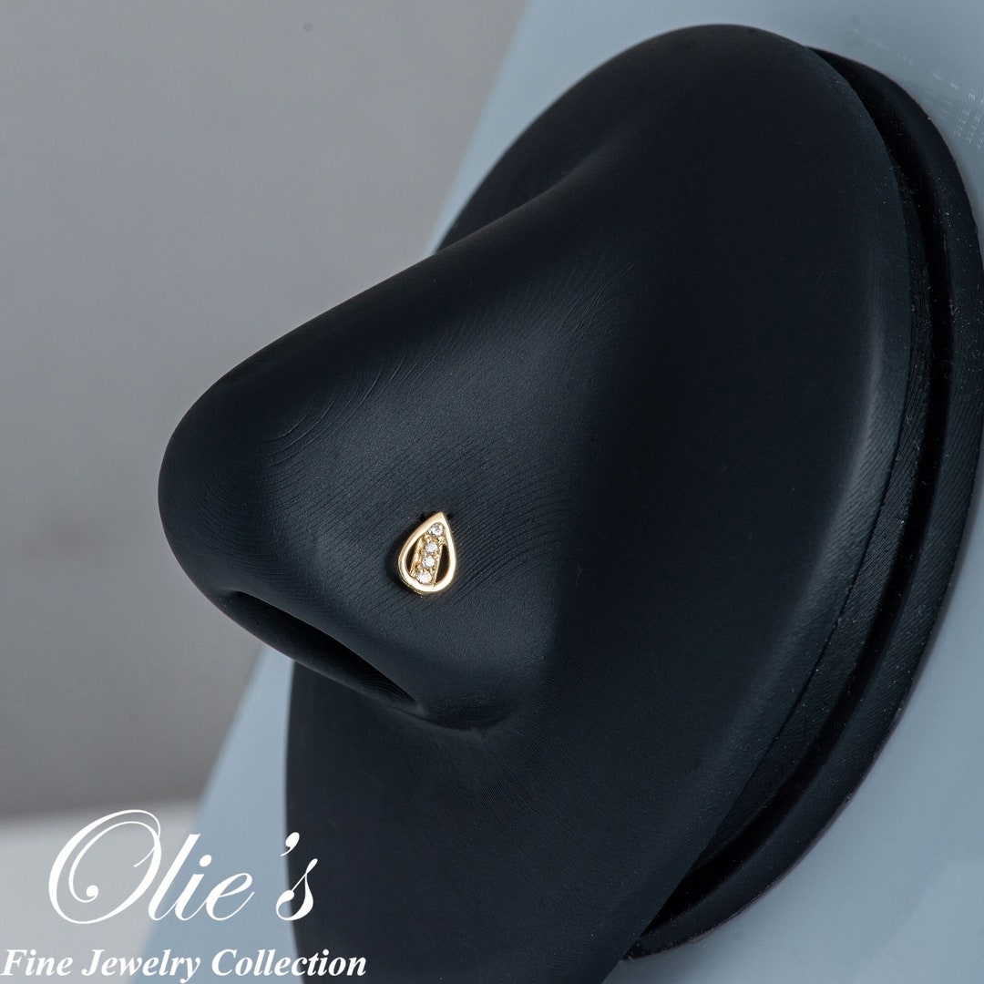 Teardrop CZ 14k Solid Gold Nose Stud, Drop Shape Pierced Nose Stud for ...