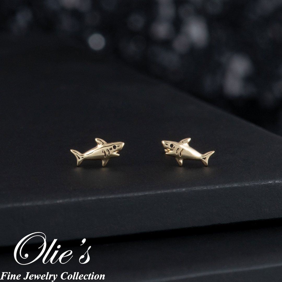 14k Solid Yellow Gold Great White Shark Stud Earrings - Children's Sea ...