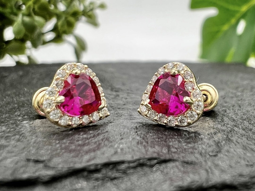 14k Solid Yellow Gold Ruby Heart Stud Earrings With Screwback - Halo Heart Earring, July ...