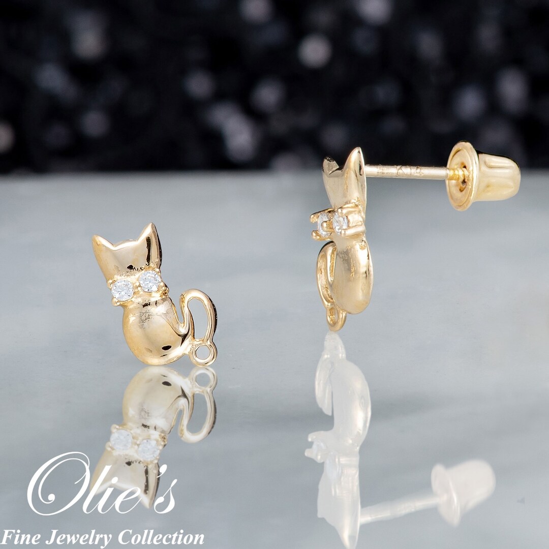 14k Solid Gold Cat Stud Earrings - Kitty Earring Studs Screw Back ...
