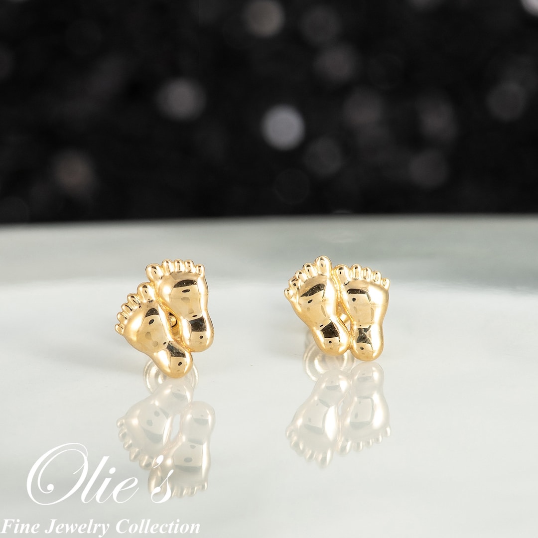 Tiny Feet Stud Earrings, 14k Solid Gold Baby Feet Earrings for New Mom ...