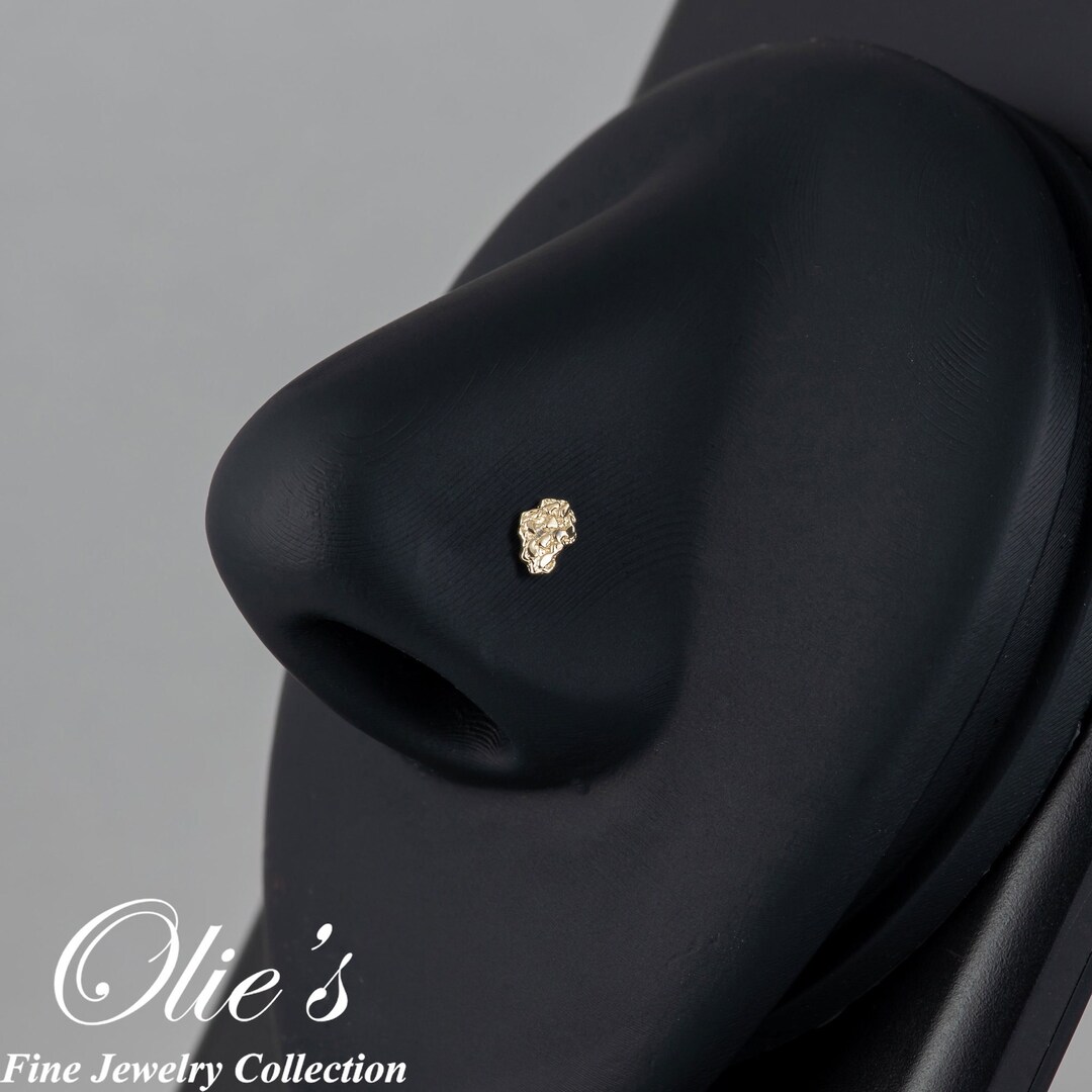 14K Solid Gold Nugget Nose Ring Stud Ball End, Heart Circle Nugget Nose ...
