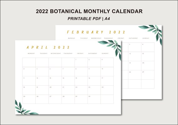 Botanical Monthly Calendar Planner 2022 Printable PDF | Etsy