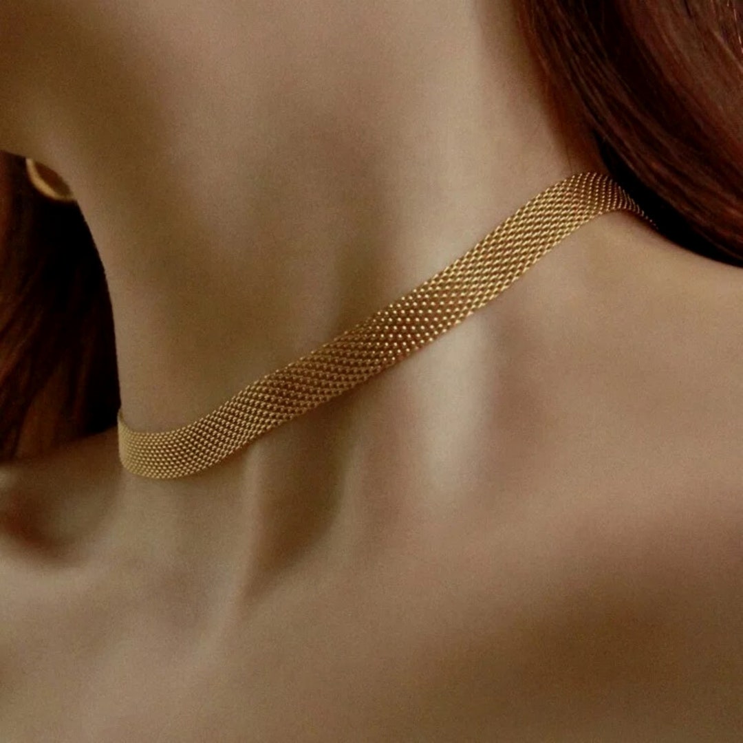 Weaved Chain Choker Necklace, 18k Gold Plated Mesh Choker, Vintage Mesh ...
