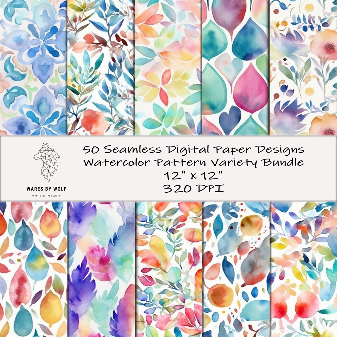 50 Pack - Watercolor Patterns Digital Paper, Watercolor Art, Seamless ...