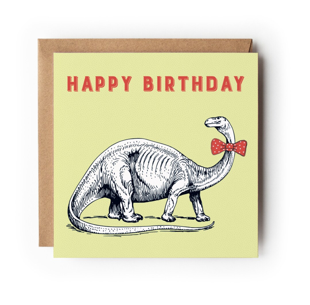 Brontosaurus Birthday Card, Vintage Illustration, Blank Inside, Square ...