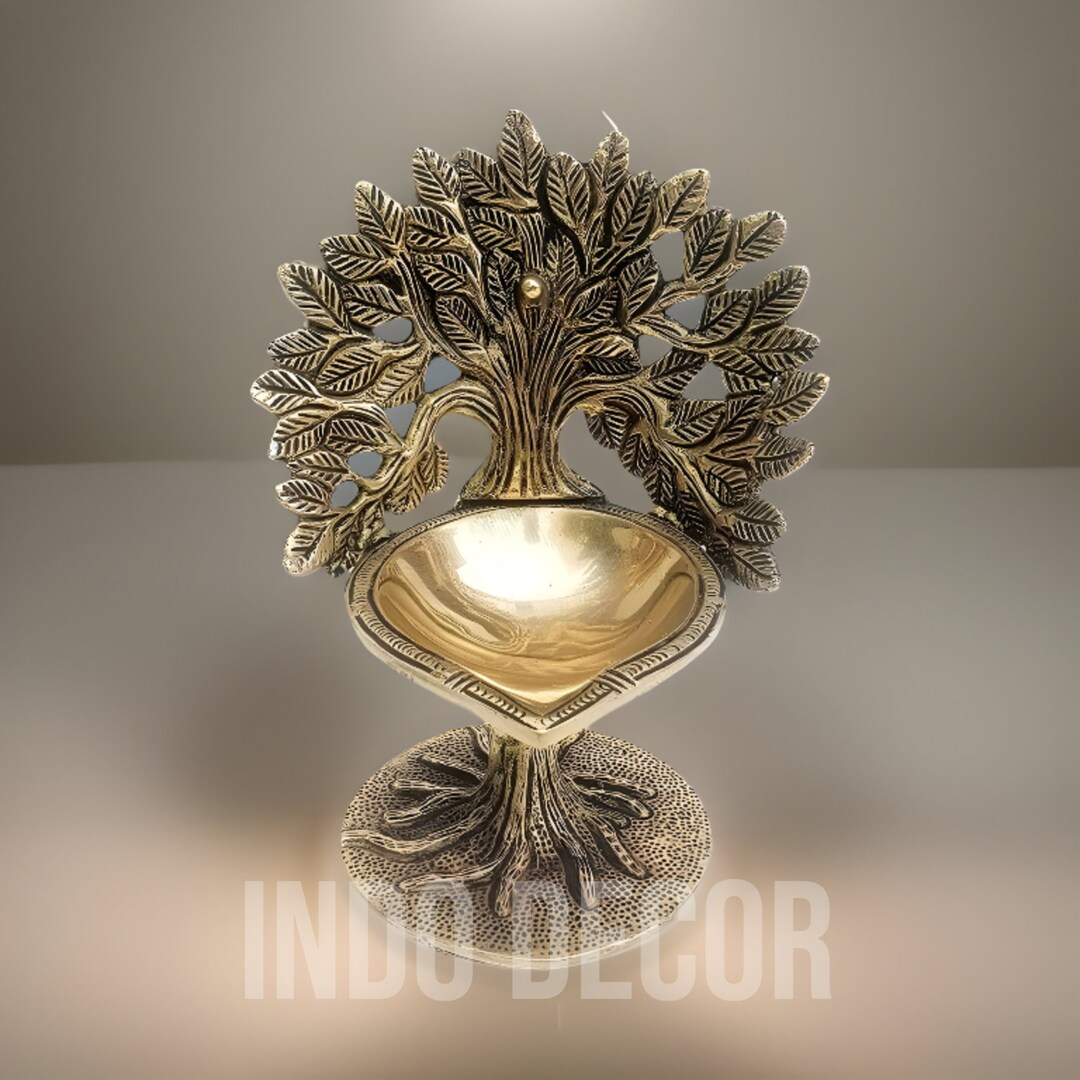 Brass Diya Under Bodhi Tree, Antique White, Brass Oil Lamp, Diya for ...