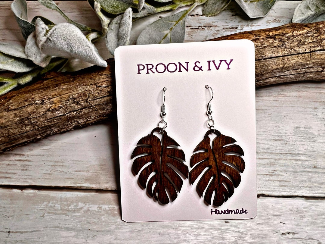 Monstera Earrings Dangle, Monstera Leaf Drop Earrings, Monstera Wood ...