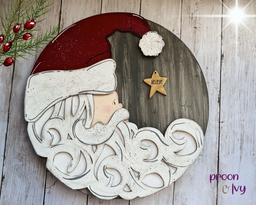 Santa Wood Sign, Santa Door Hanger, Christmas Wood Round Sign for Wall ...