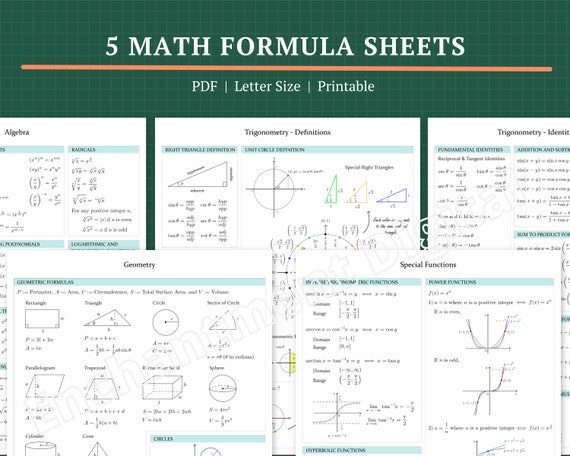 5 Math Formula Sheets PDF Instant Download Printable Letter - Etsy India