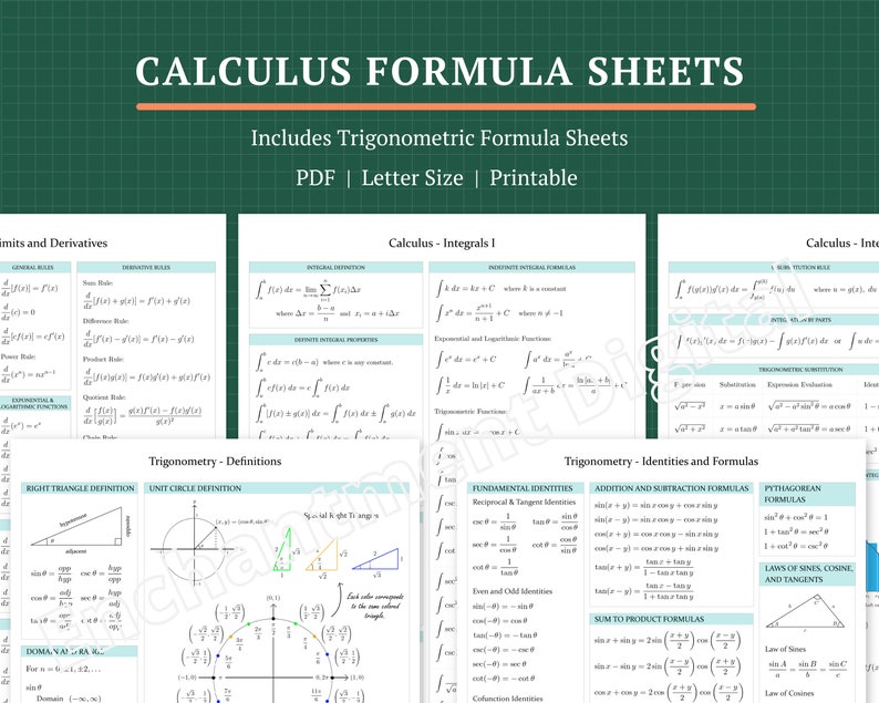 Calculus Formula Sheets, PDF Instant Download, Printable, Letter Size ...