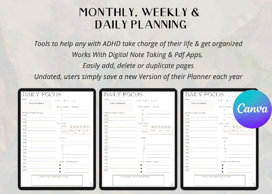 ADHD Planner, ADHD Digital Planner, Canva Planner Template, Editable ...