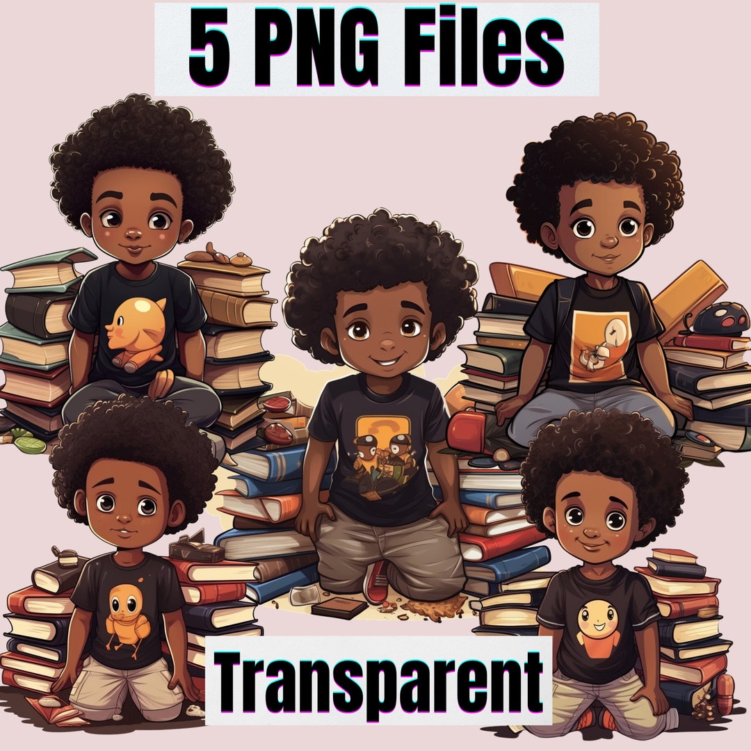 Adorable Black Boy With Books: Transparent Digital Clipart | Ideal Gift ...