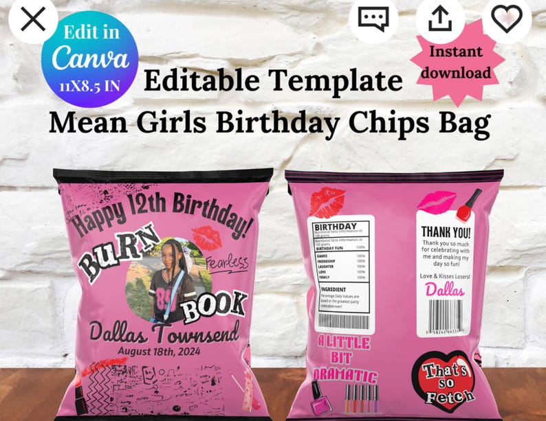 Mean Girls Chips Bag Editable, Mean Girls Inspired Birthday Invitation ...